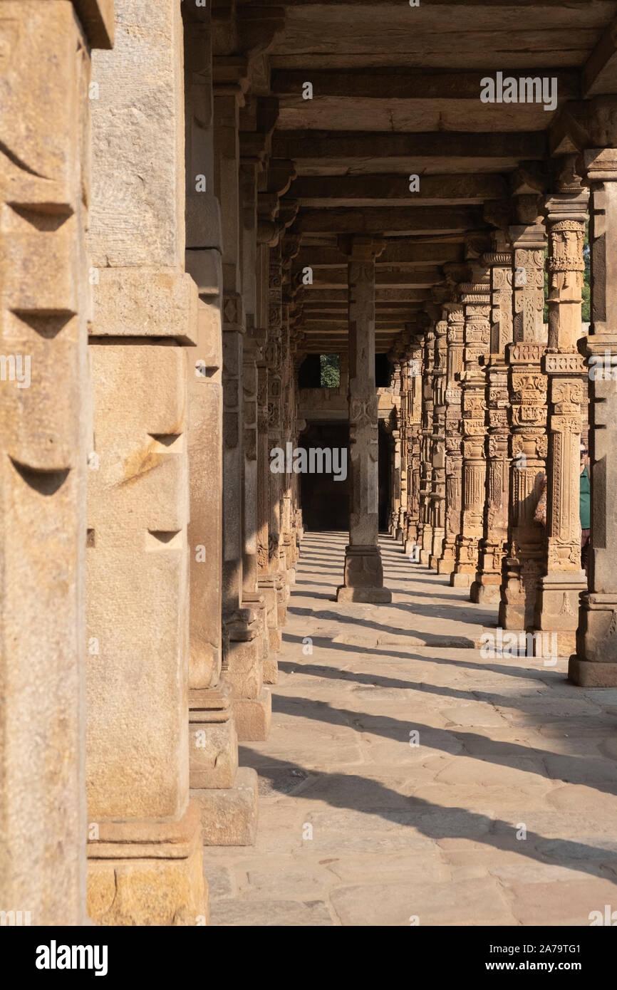 Intricate stone carvings on the cloister columns at Quwwat ul-Islam ...