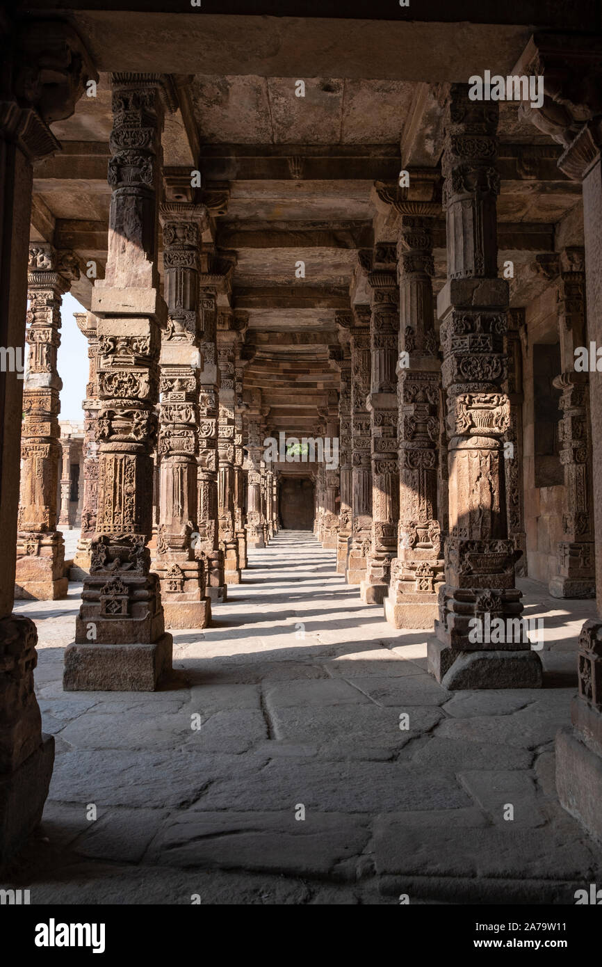 Intricate stone carvings on the cloister columns at Quwwat ul-Islam ...