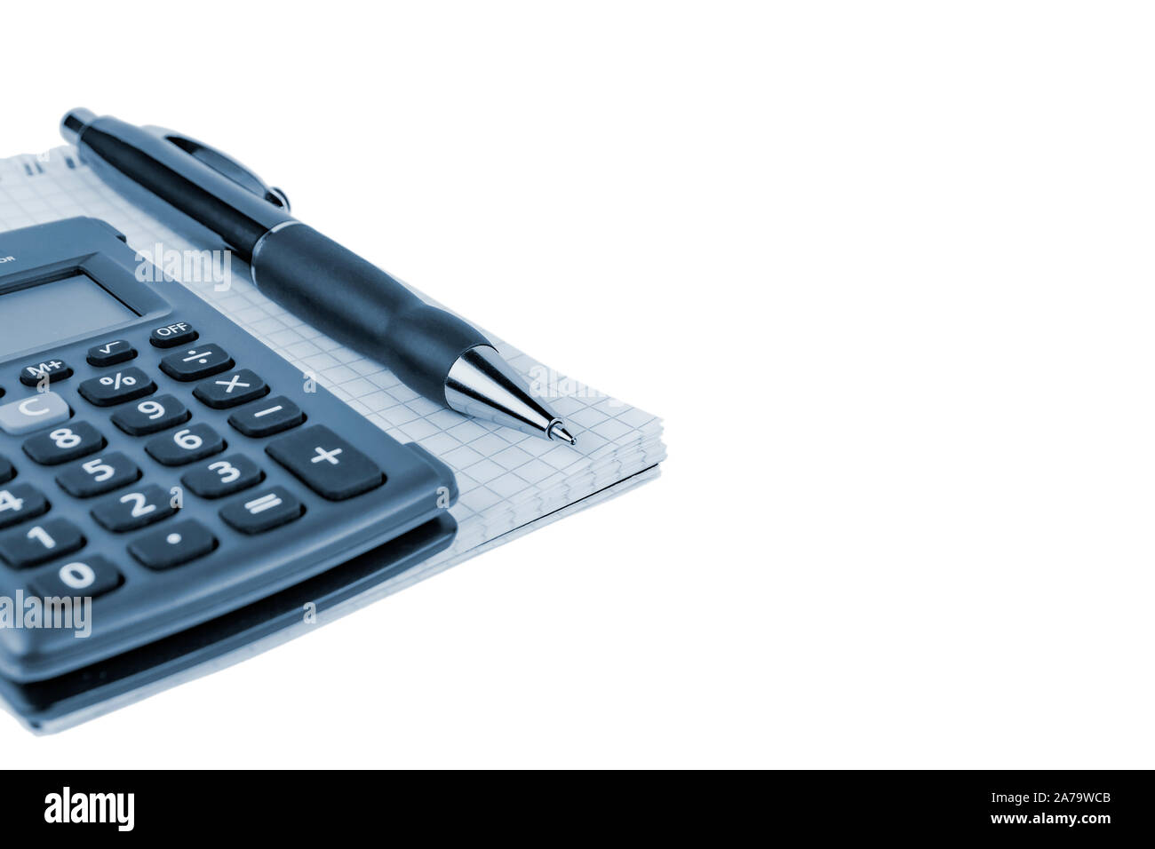 Automatic pen, calculator, notebook on a white background close-up ...