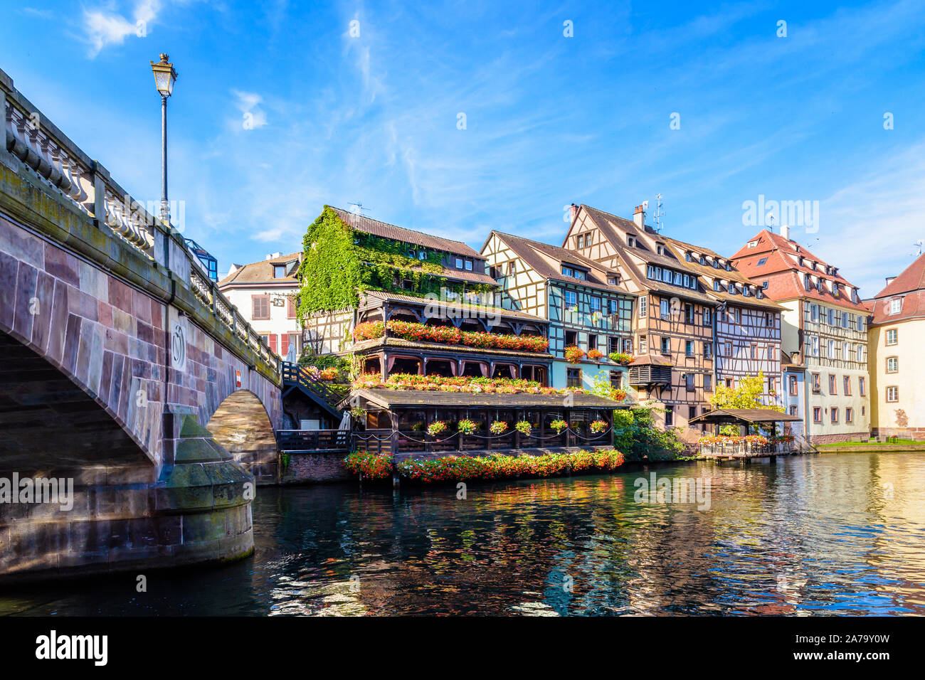 The Saint-Martin bridge and half-timbered buildings with pastel facades ...