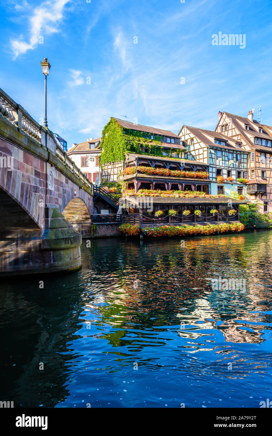 The Saint-Martin bridge and half-timbered buildings with pastel facades ...
