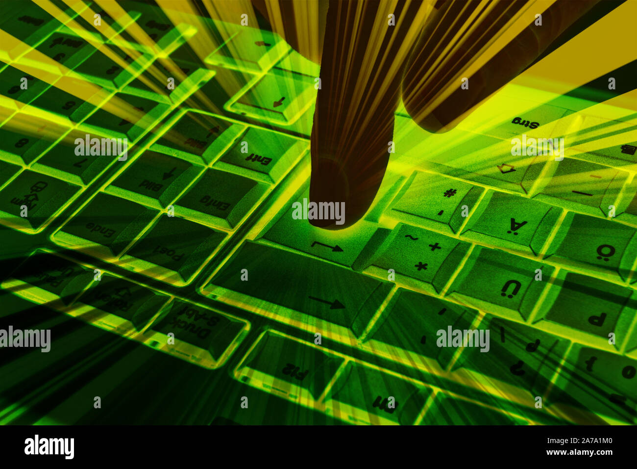 Keyboard with hand and green light beams Stock Photo - Alamy