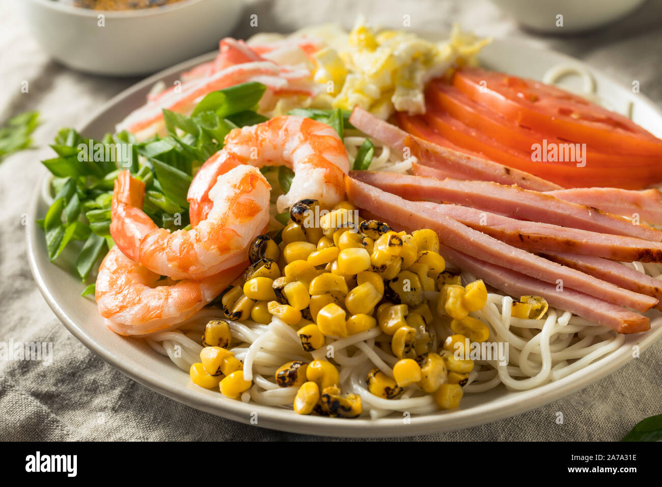 Homemade Cold Hiyashi Chuka Summer Ramen with Ham and Crab Stock Photo ...
