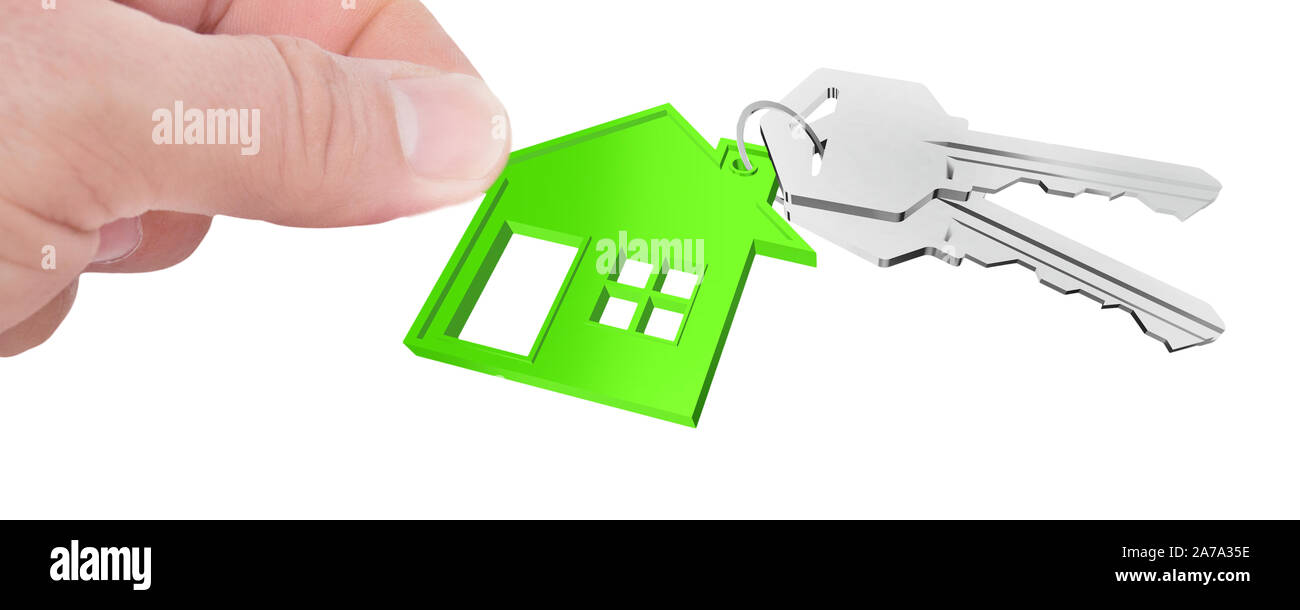 3D key ring with house hanger on white background Stock Photo - Alamy