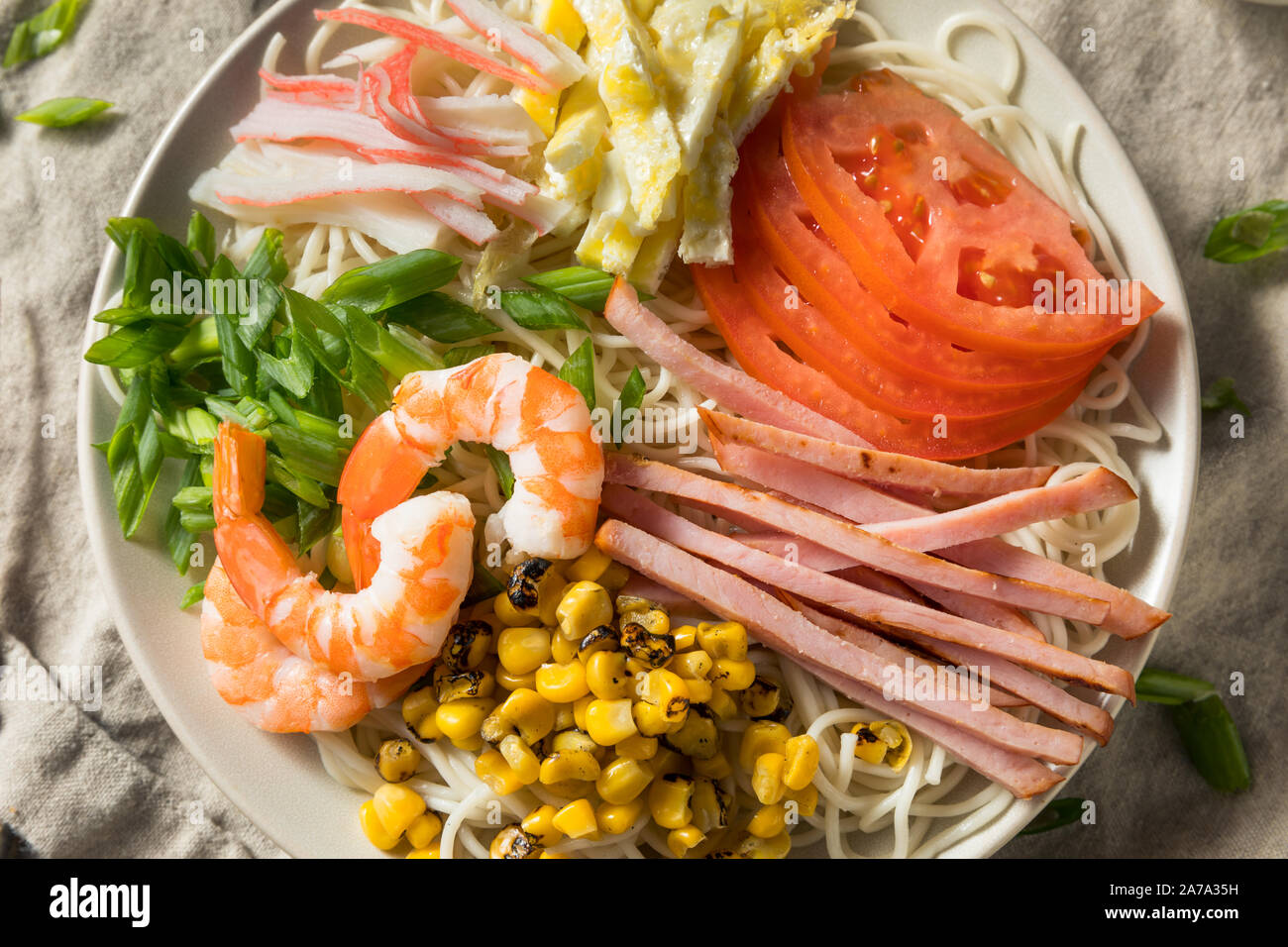 Homemade Cold Hiyashi Chuka Summer Ramen with Ham and Crab Stock Photo ...