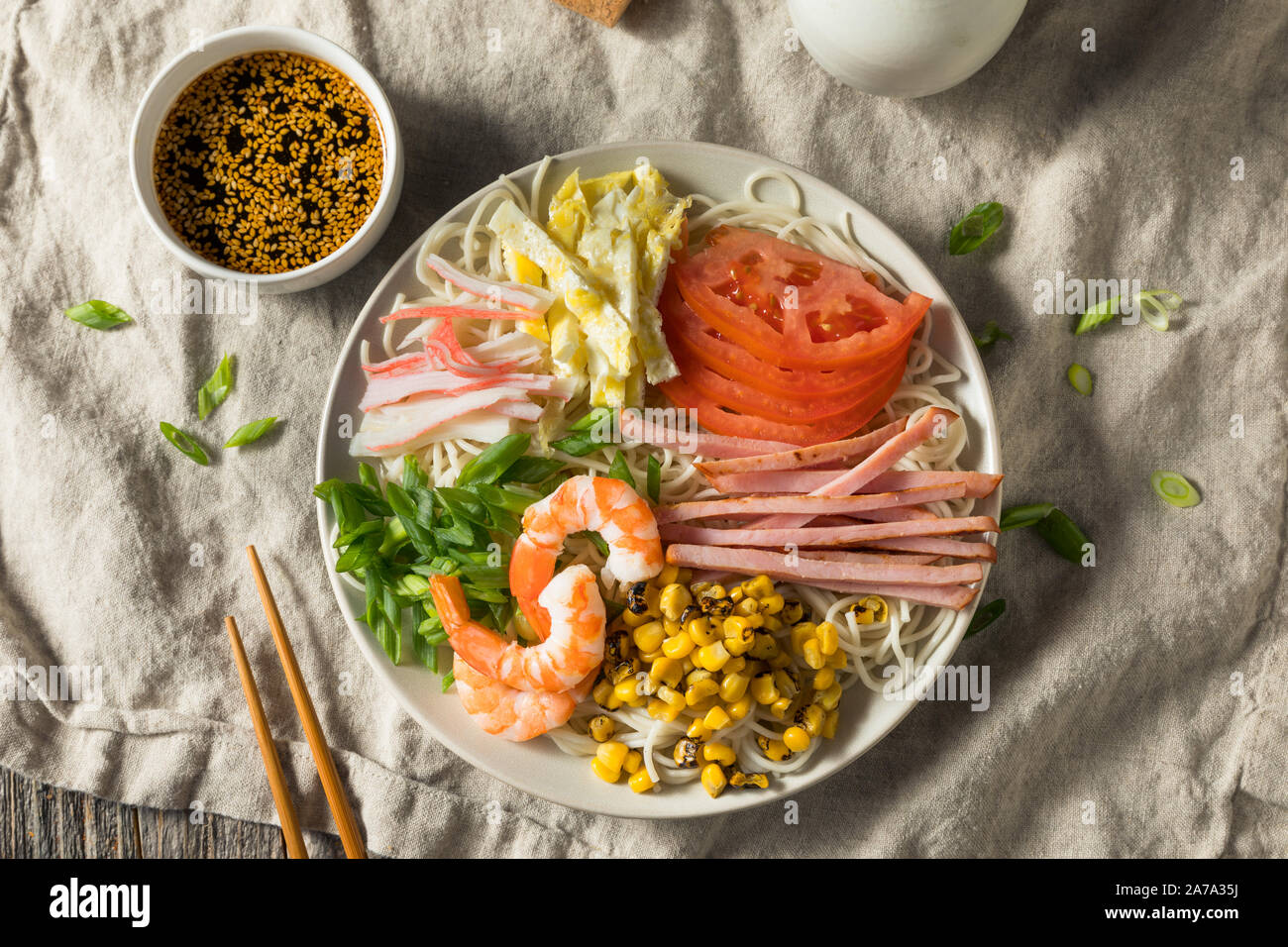 Homemade Cold Hiyashi Chuka Summer Ramen with Ham and Crab Stock Photo ...