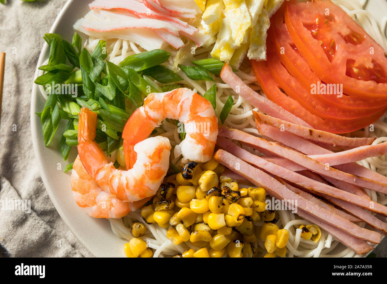 Homemade Cold Hiyashi Chuka Summer Ramen with Ham and Crab Stock Photo ...