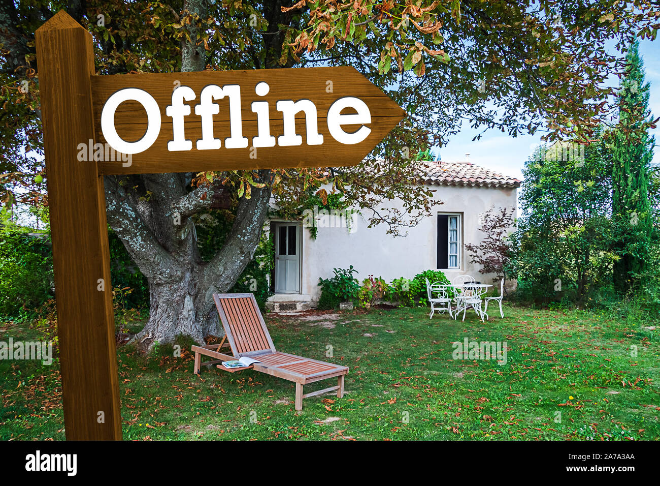 Garden with a Sign saying Offline Stock Photo - Alamy