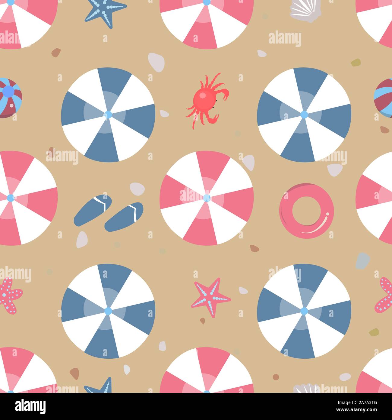 Summer Seamless Pattern. Beach with umbrellas and other summer elements ...