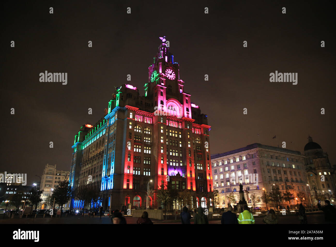 The Royal Liver Building, Pier Head, Liverpool, is lit up on the ...