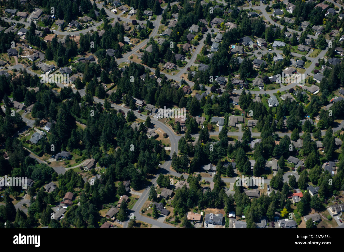 An aerial view of the park filled city of Victoria, British Columbia ...