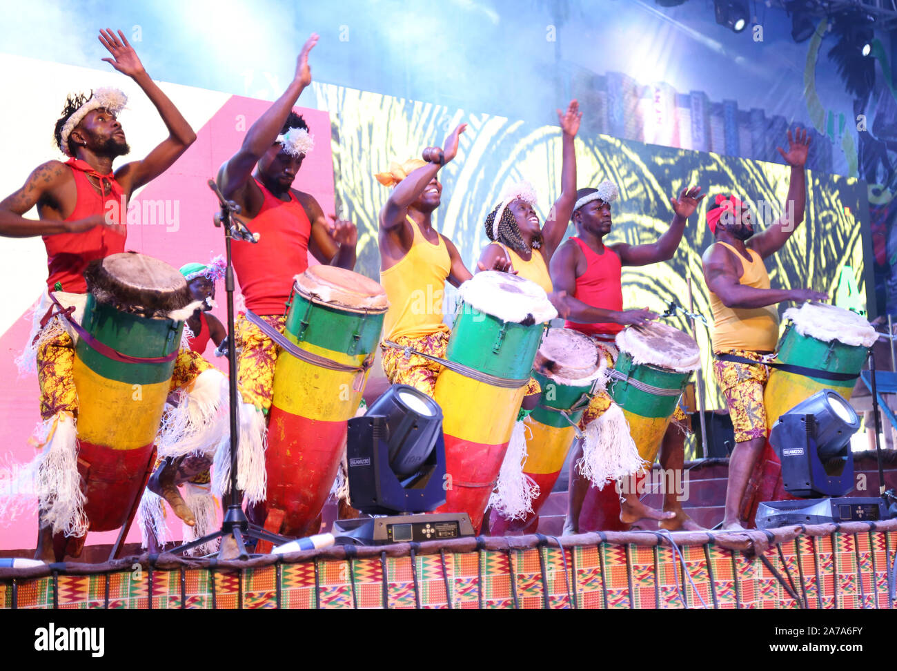 African men drumming during the African Drum Festival, Abeokuta, Ogun ...