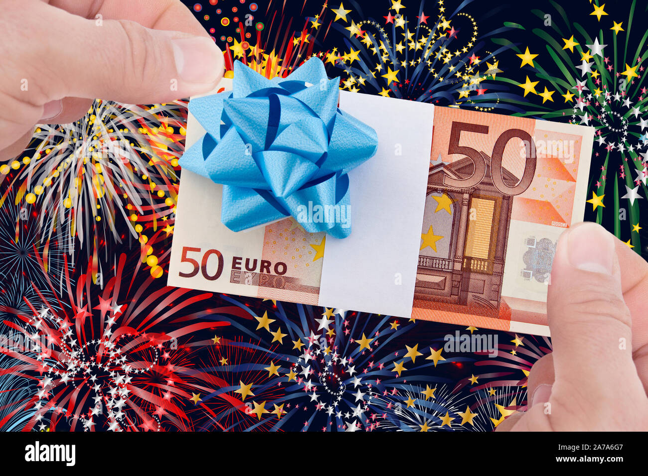Fireworks background with 50 Euro banknote Stock Photo - Alamy
