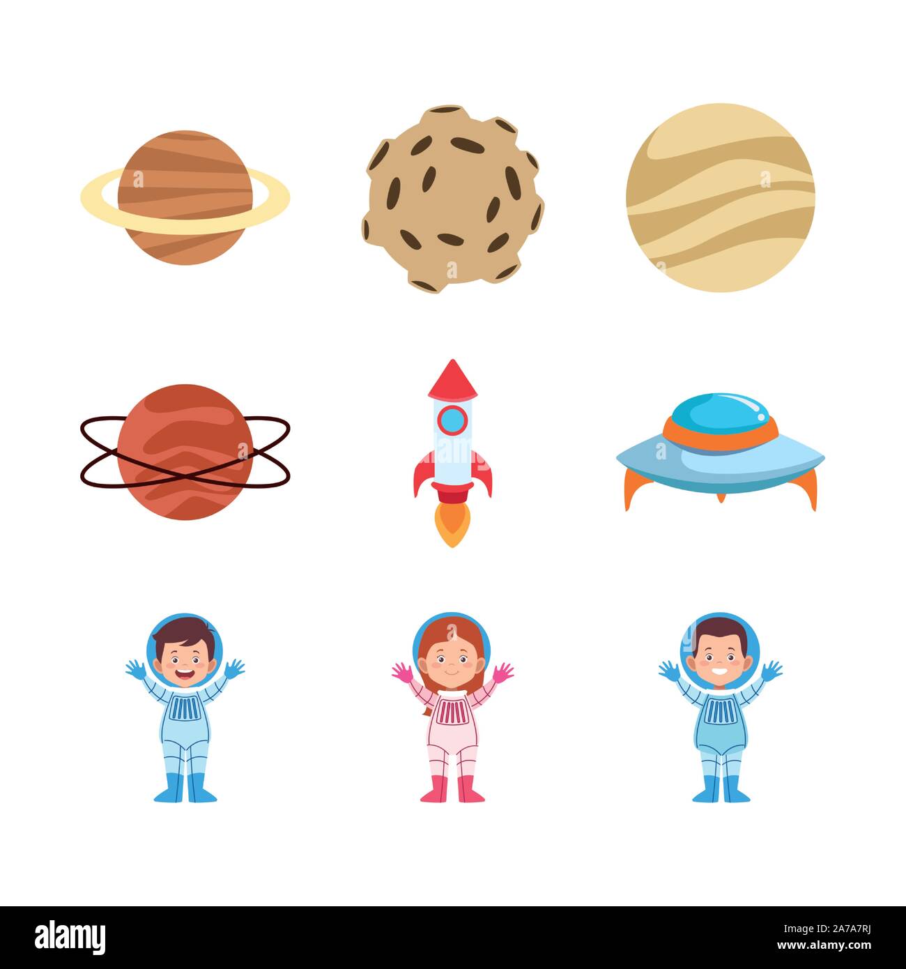 icon set of cartoon astronauts and planets, colorful design Stock ...