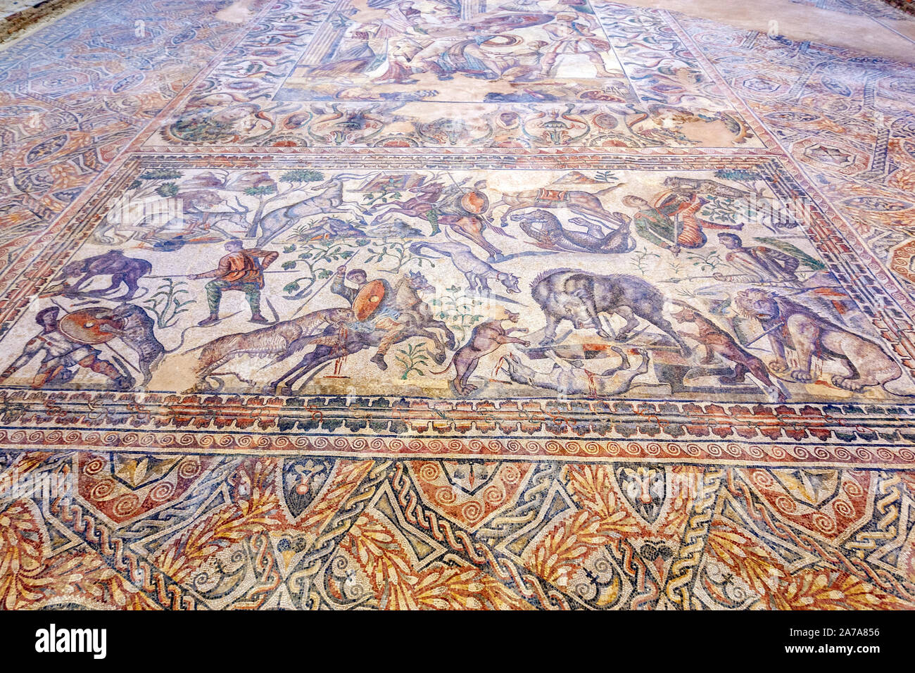 Hunting scenes in Mosaic of the Oecus, Late Antique Roman villa at La ...