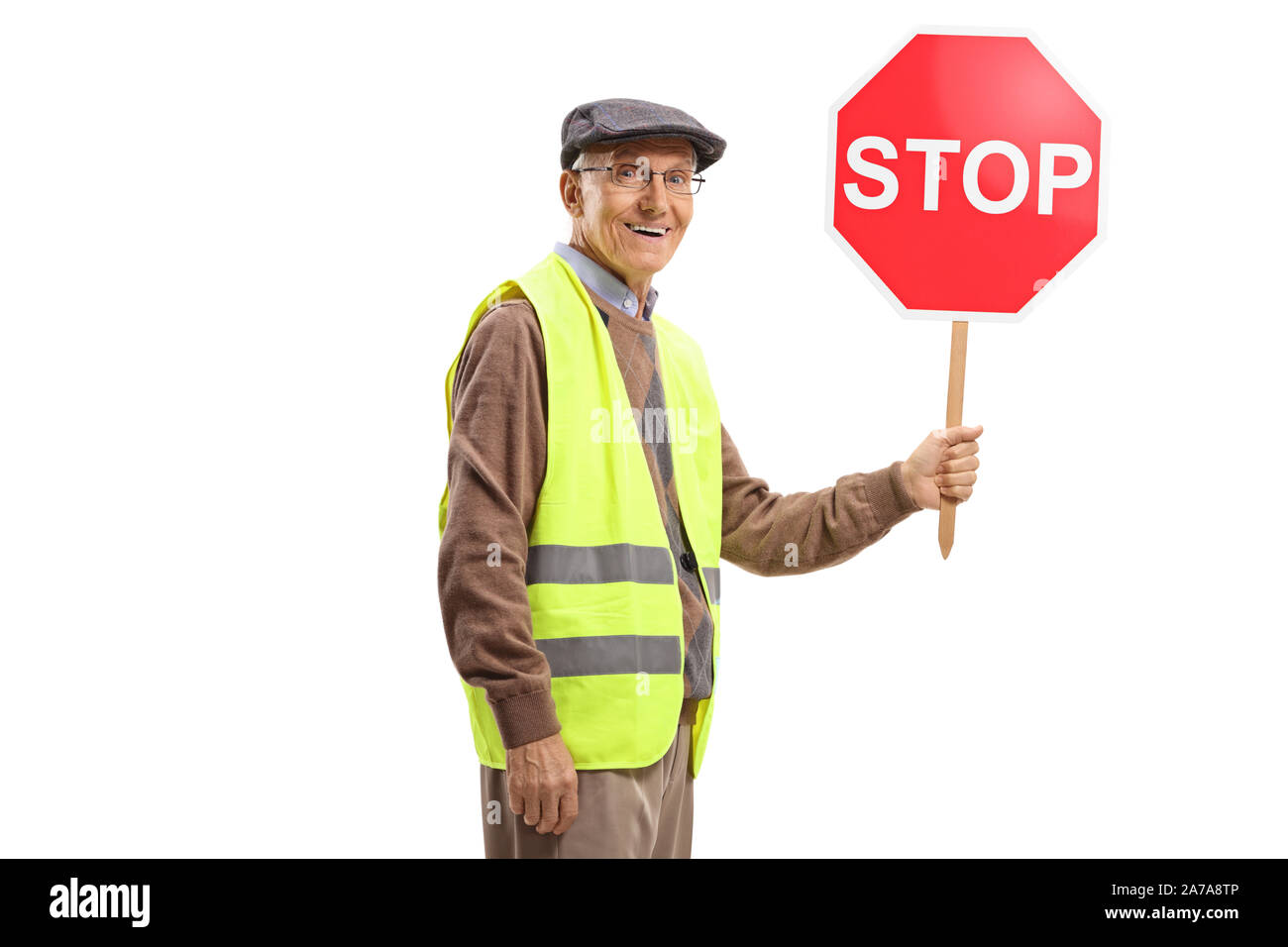 Elderly man wearing safety vest and holding a stop sign isolated on ...