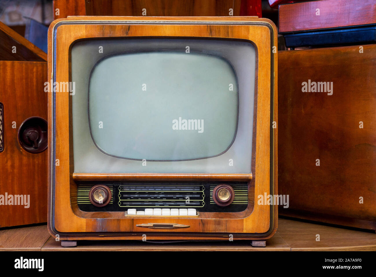 Vintage television set at the shop. Old television set is placed in the ...