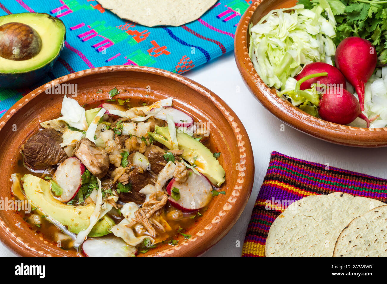 Red pozole, a traditional Mexican stew made with pork and hominy corn ...