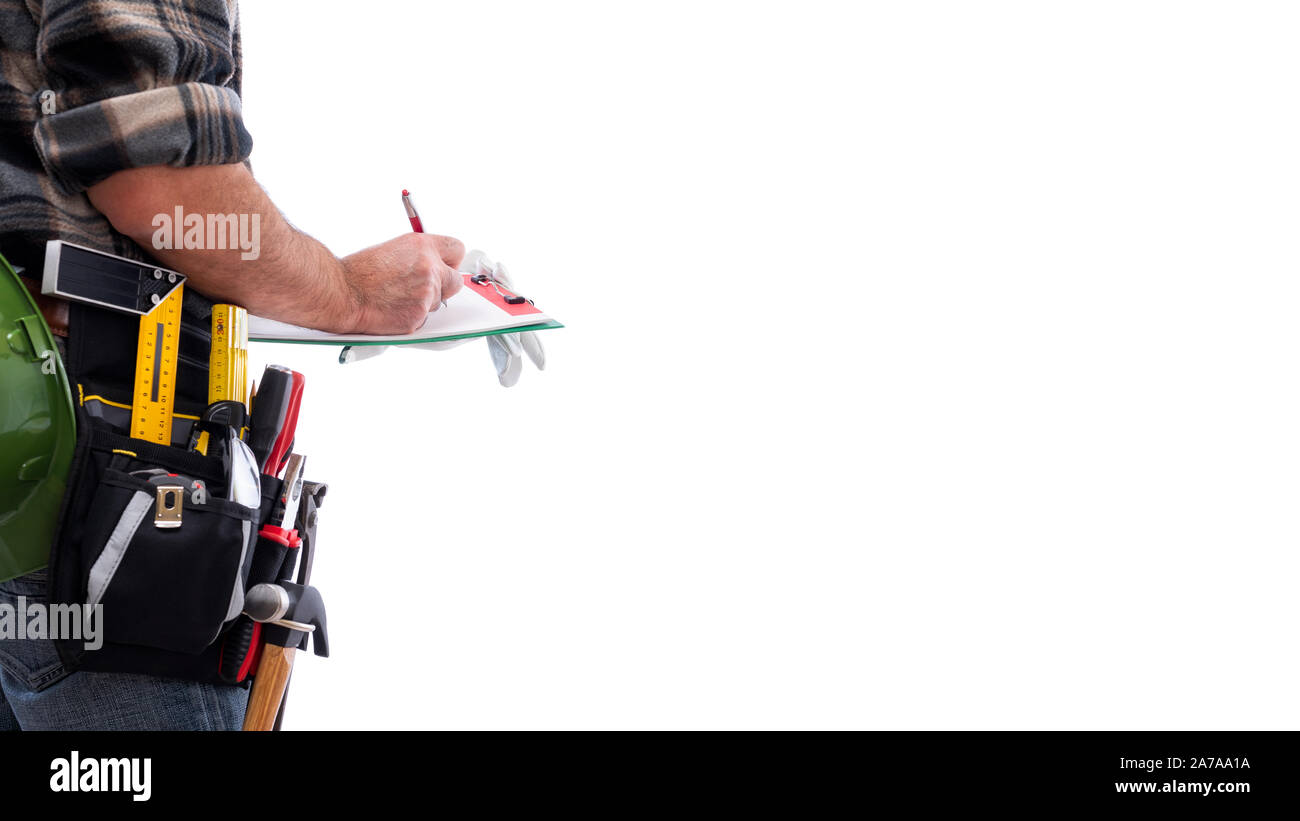 Rear view of a carpenter isolated on white background, writes work ...