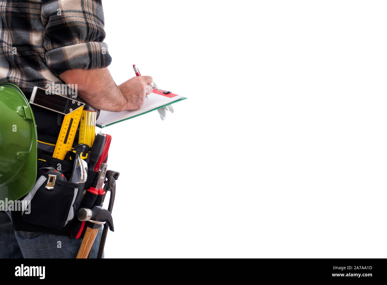 Rear view of a carpenter isolated on white background, writes work ...