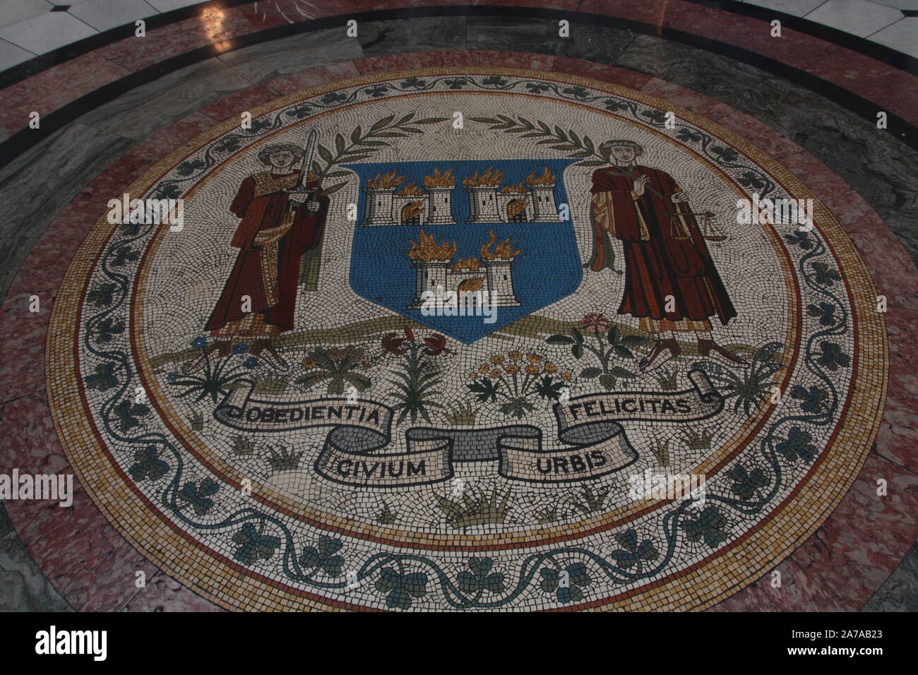 Dublin city hall mosaic, coat of arms, motto. Dublin, Ireland Stock ...