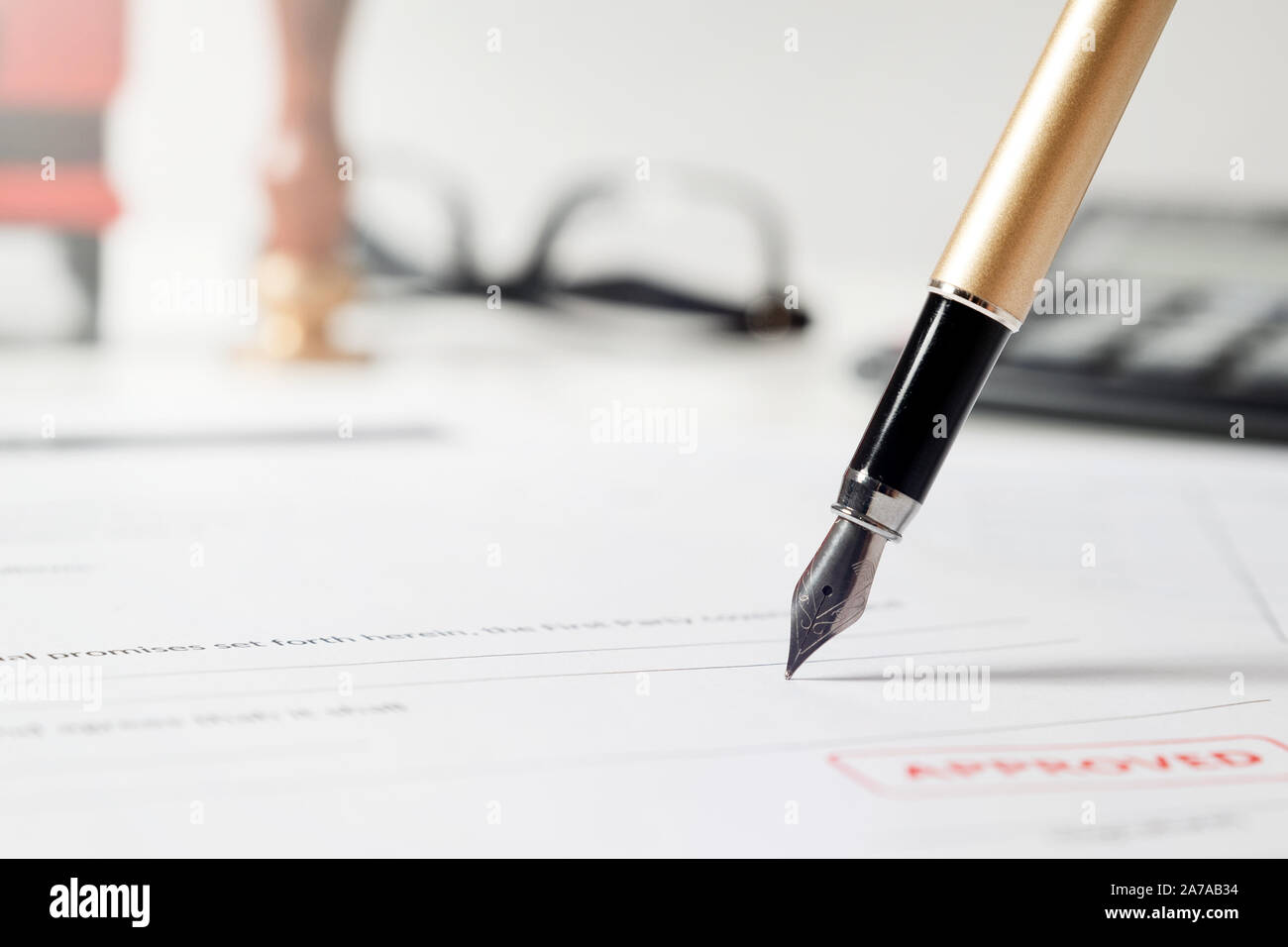 Notary signs legal contract. Close up of fountain pen on paper Stock ...