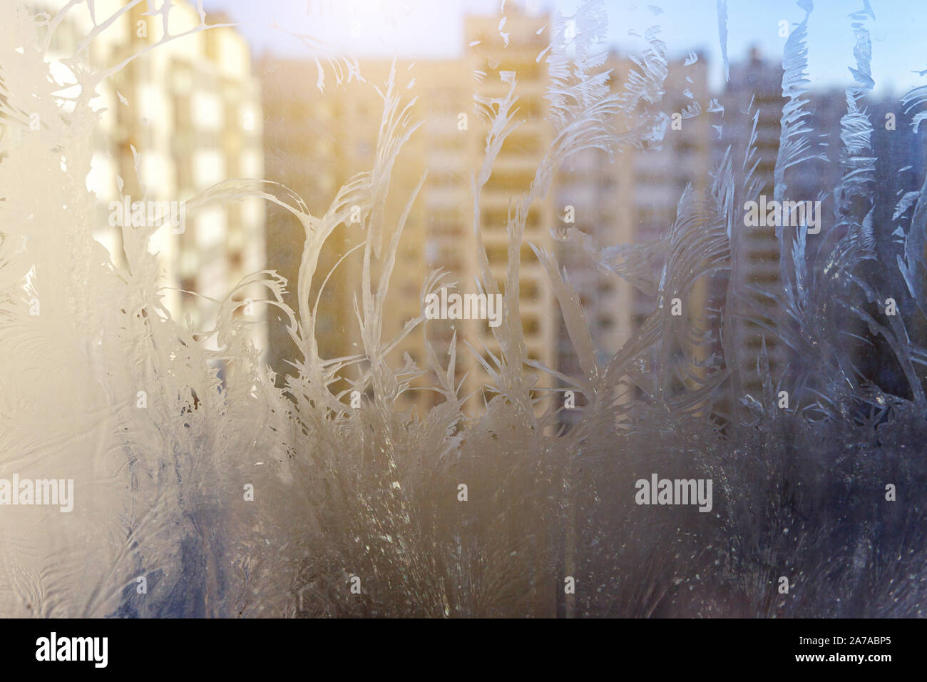 Frozen winter window with shiny ice frost pattern texture. Christmas ...