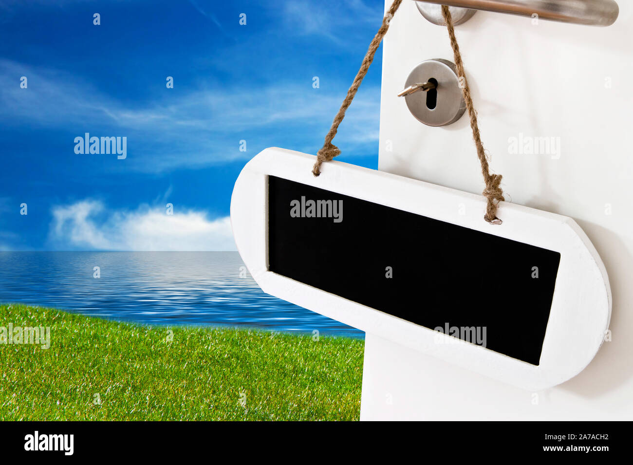 Open door sea and sky with chalkboard Stock Photo - Alamy