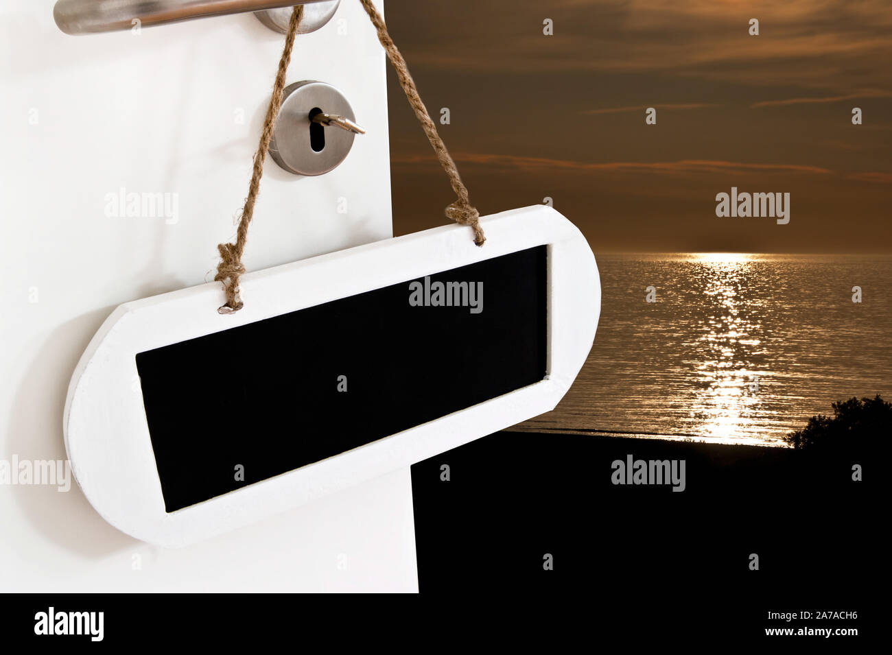 Open door lake and night sky with chalkboard Stock Photo - Alamy