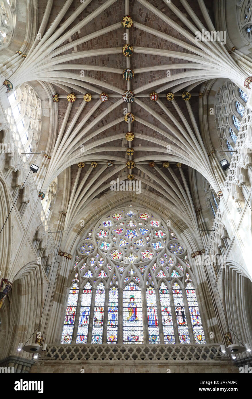 The nave's medieval stone vaulted ceiling and the rose window in Exeter ...