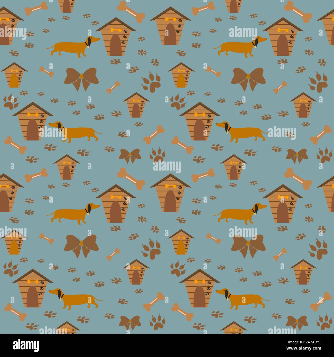 Cute Pattern with dog, dog paws and dog houses. Vector Illustration ...