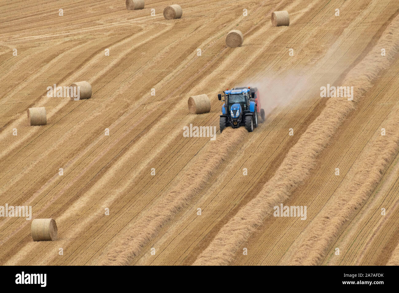 A Farmer with a Blue Tractor Baling Barley Straw on a Hillside Field in ...