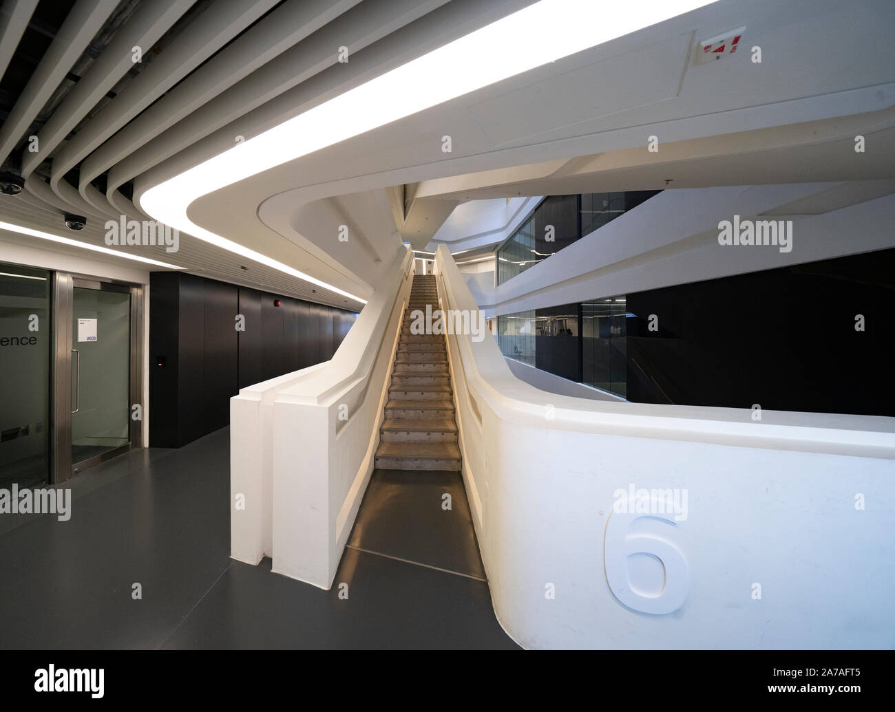 Interior of modern architecture of PolyU School of Design Jockey Club Innovation Tower at Hong ...