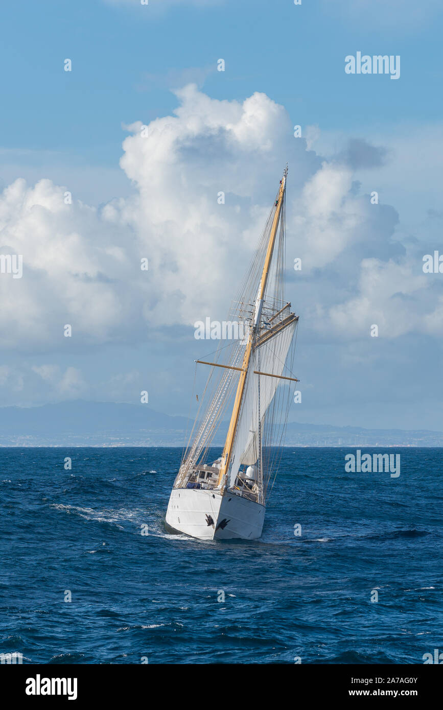 Sailing ship with four white sails Stock Photo - Alamy