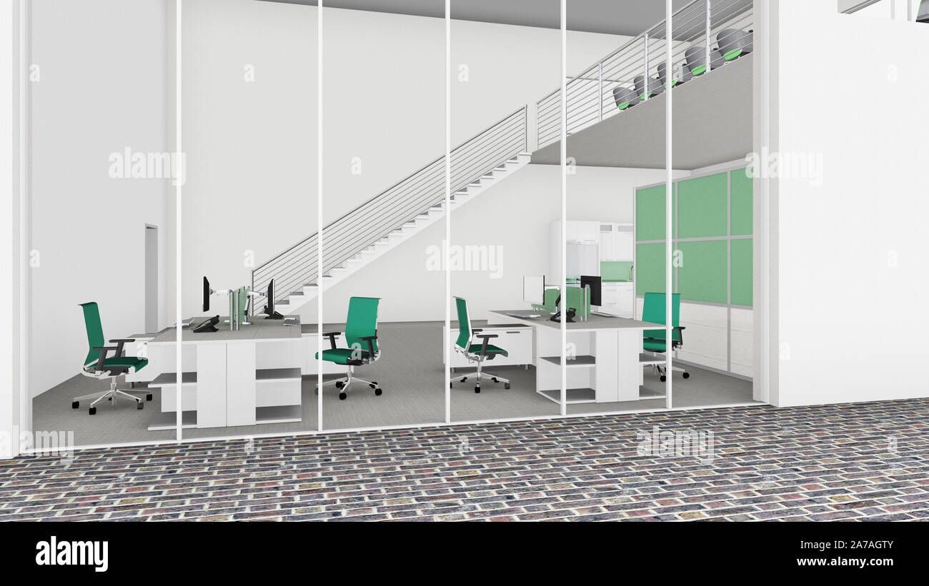 3D Illustration Modern office from outside View through window front ...