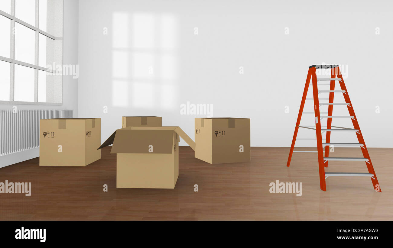 3D Illustration Empty Room with Cartons and Ladder Stock Photo - Alamy