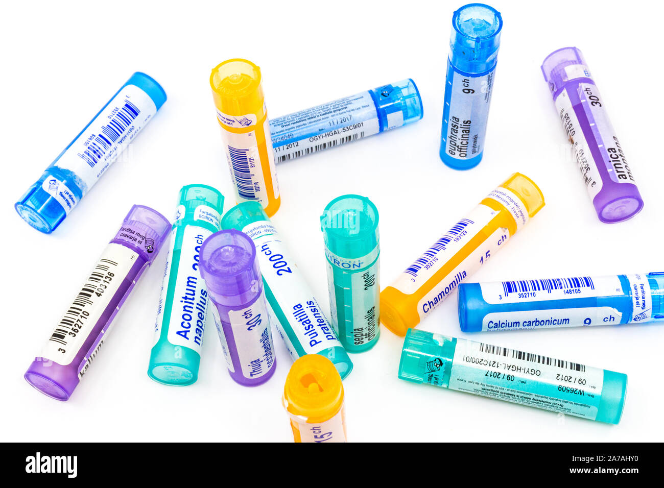 Boiron homeopathic medicine globules in plastic tubes Stock Photo - Alamy