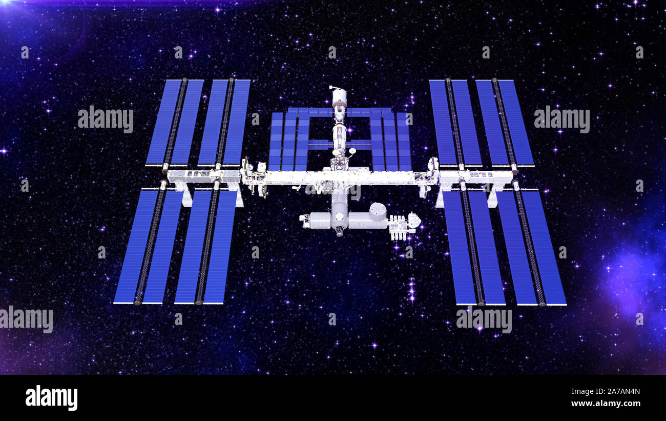 Space station, satellite with solar panels, space base in the universe ...