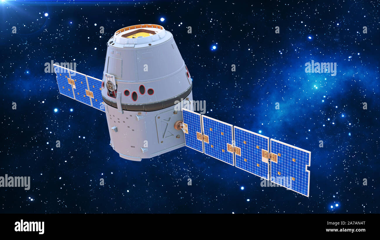 Space capsule, communication satellite with solar panels in cosmos with ...