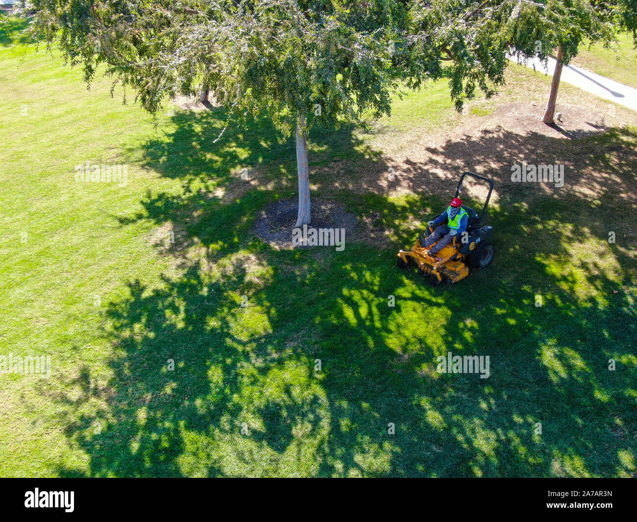 Aerial view of lawn care riding mower at the square park, Ladera Ranch ...