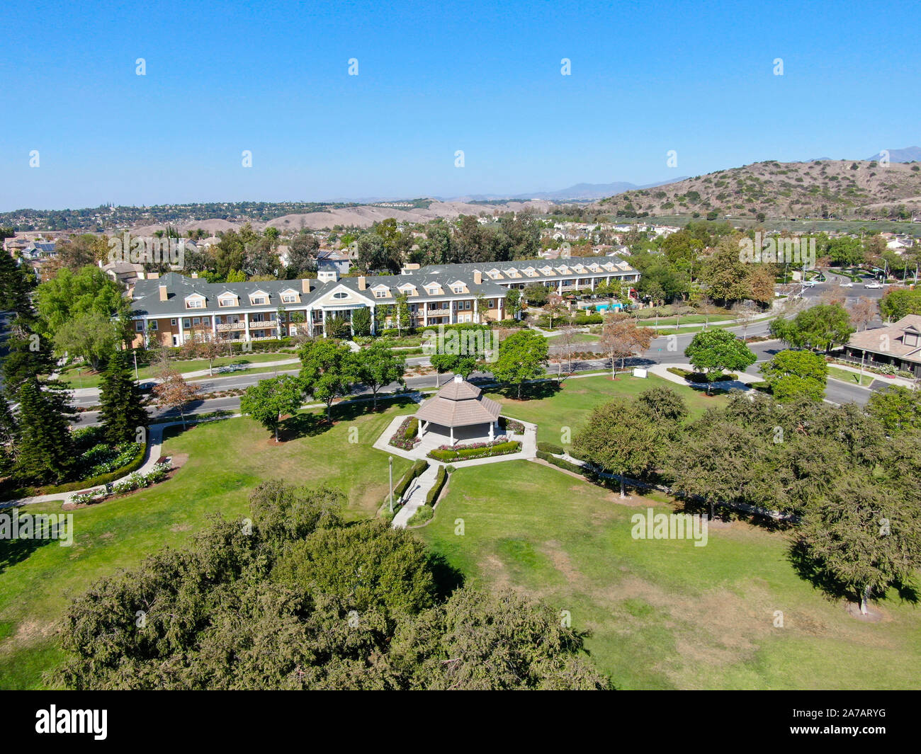 Aerial view of Town Green little park in Ladera Ranch, South Orange ...