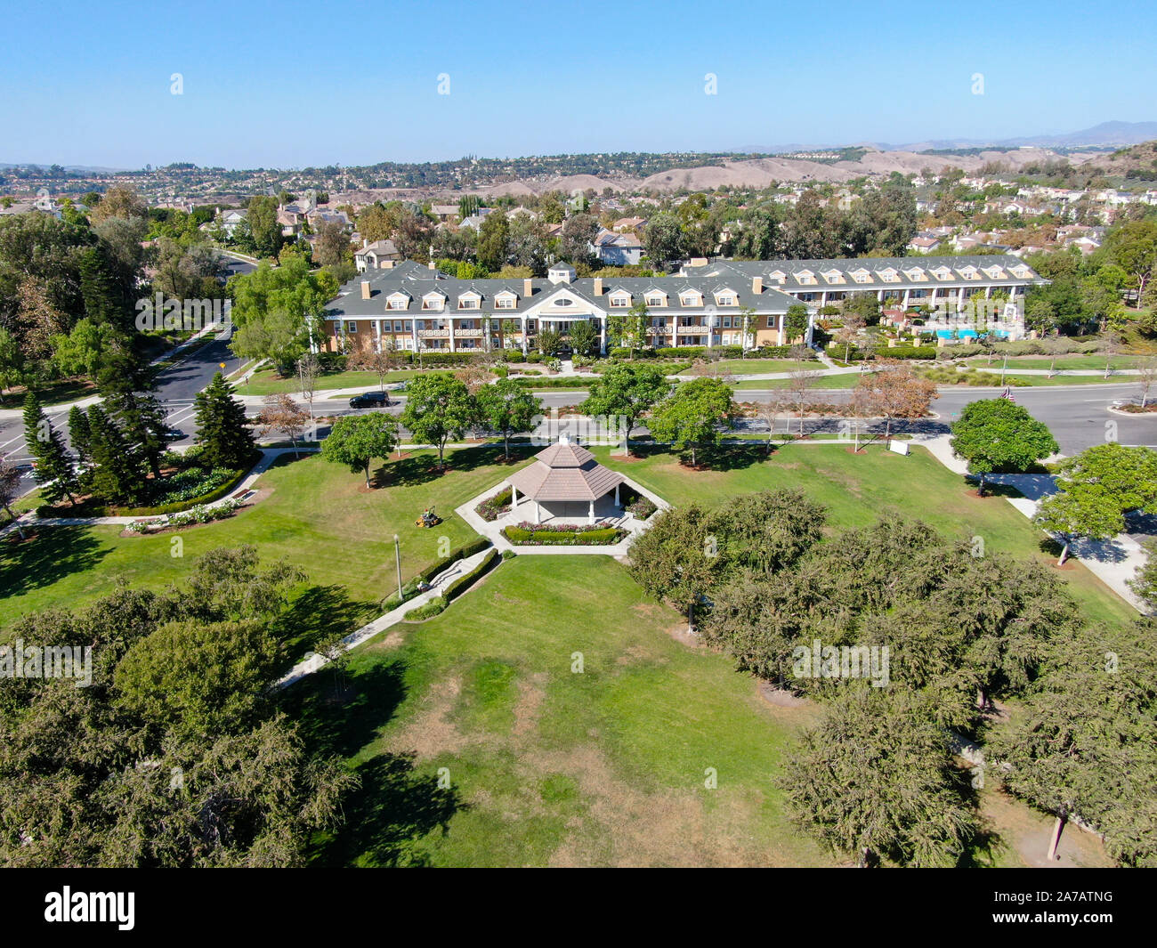 Aerial view of Town Green little park in Ladera Ranch, South Orange ...