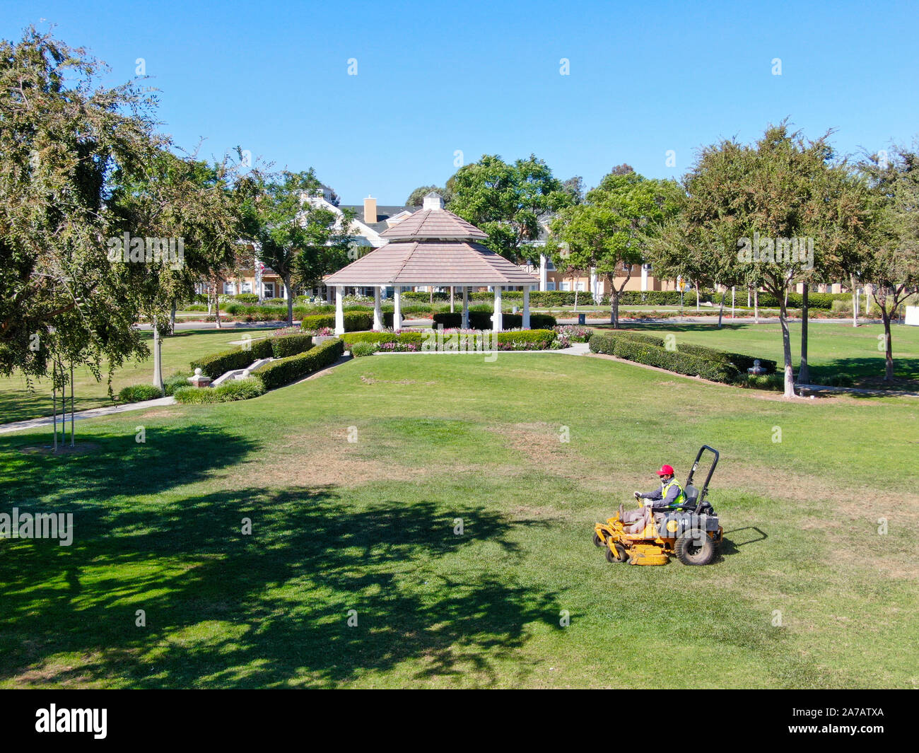 Aerial view of lawn care riding mower at the square park, Ladera Ranch ...
