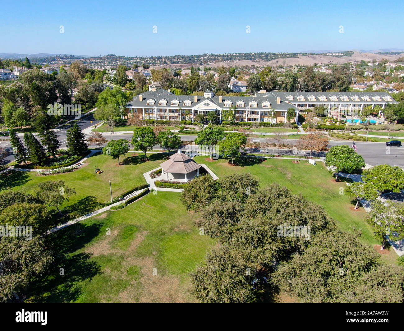 Aerial view of Town Green little park in Ladera Ranch, South Orange ...