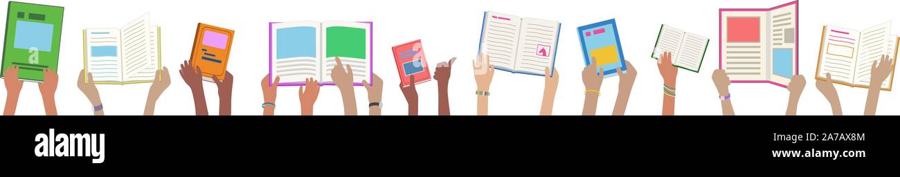 Banner of school children holding and reading library books in hands ...