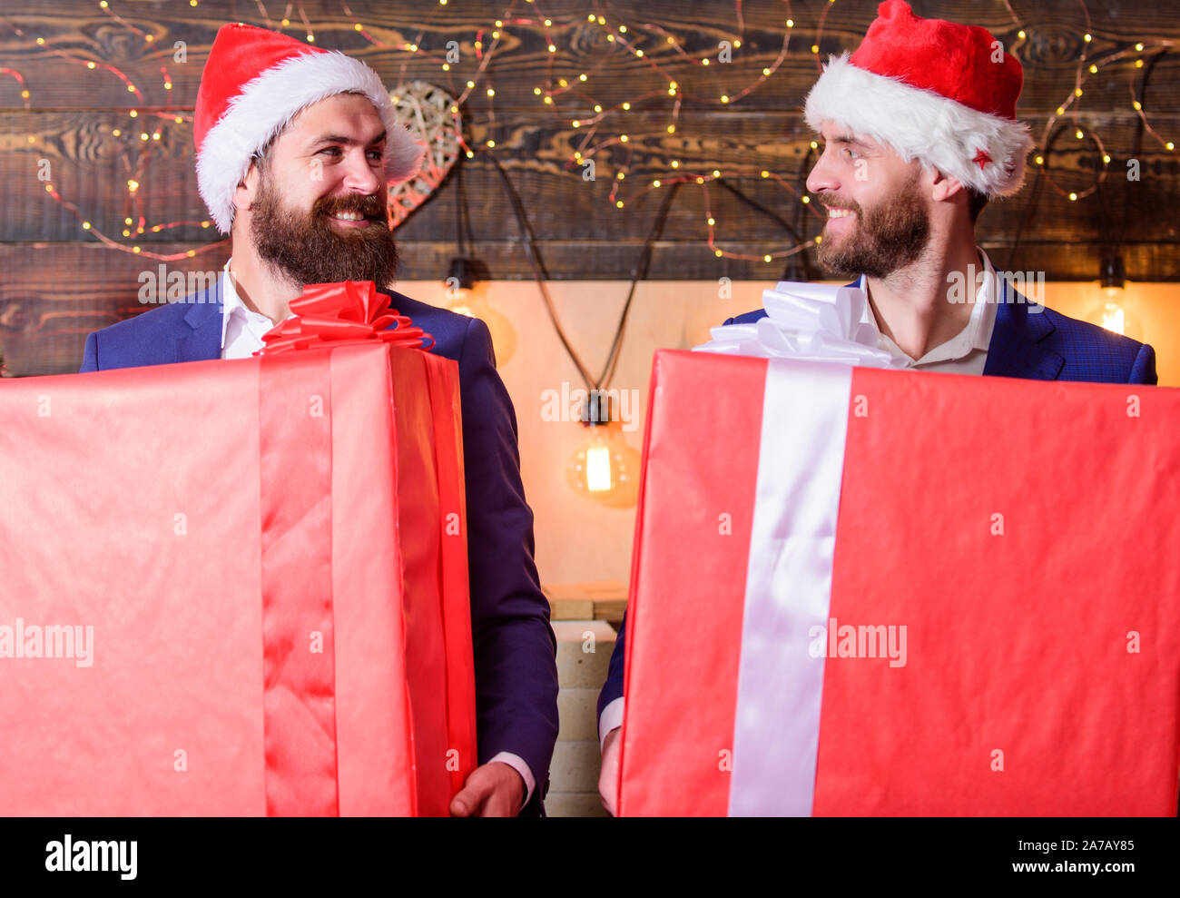 Biggest gift for christmas. Big wrapped box with ribbon. Great surprise ...