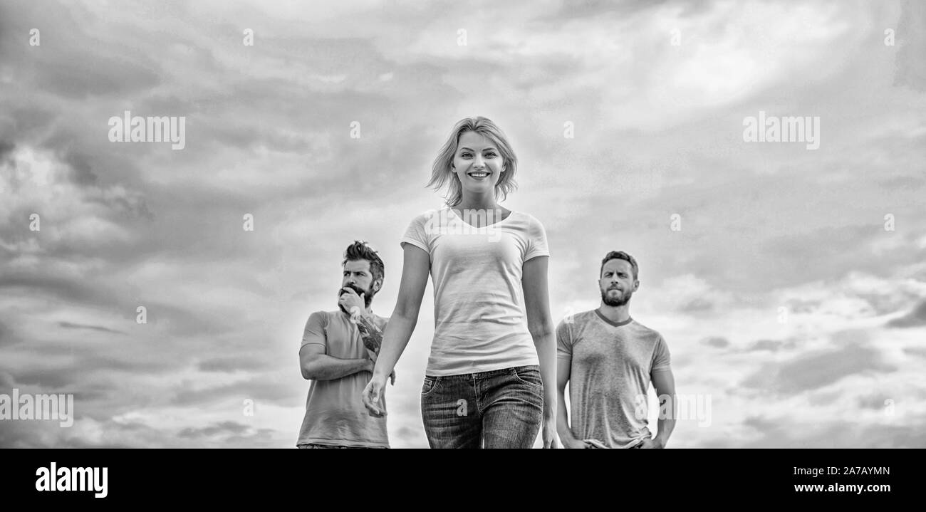 Leadership concept. Woman in front of men feel confident. Moving ...