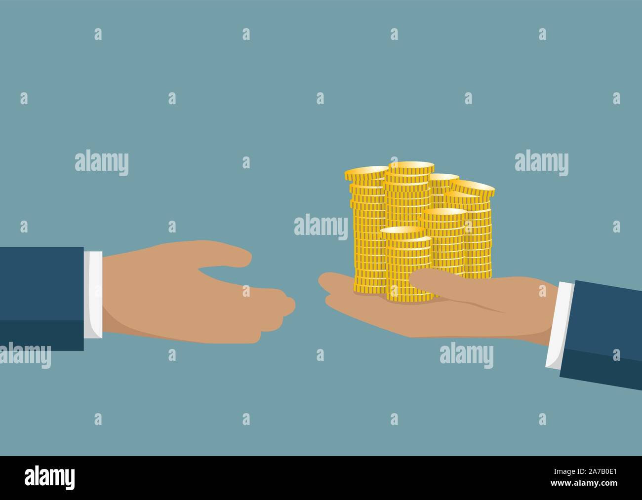 Hand holding pile of coins and giving it to a businessman needing money ...