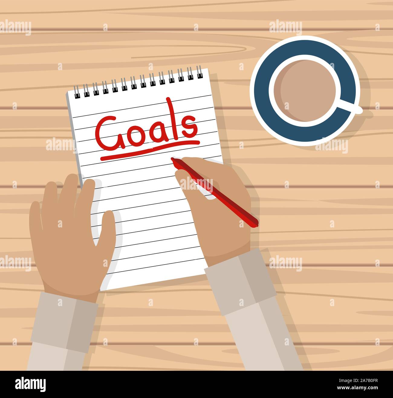 Hand writing Goals List on Notepad by coffee at desk - vector grouped ...