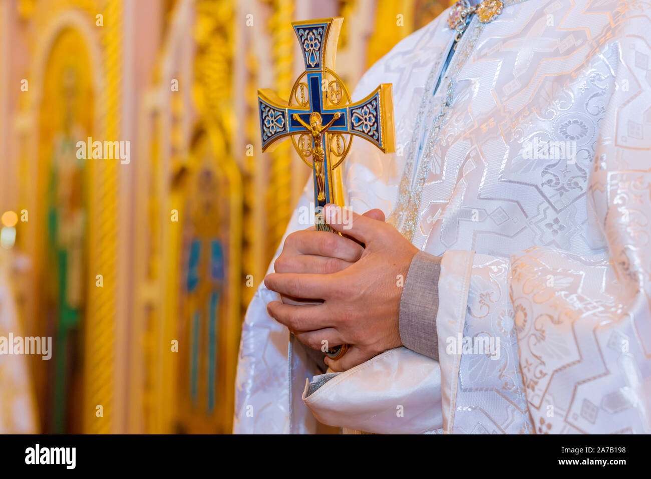 The holy orthodox father priest holds with a cross in his hands Stock ...